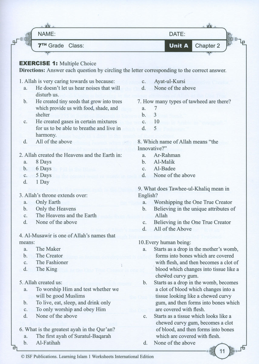 Learning Islam Weekend Edition Worksheets Level 1 (6th Grade) - Hani ...